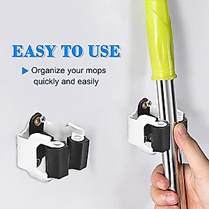 Waziaqoc 5PCS Wall Mount Broom Mop Holder, Bathroom Mop Hanger Wall Mounted Mop Clip with Screws for Garden Bathroom Kitchen - White & Black