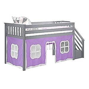 Max & Lily Low Loft Bed, Twin Bed Frame With Stairs and Curtains For Bottom, Grey/Purple