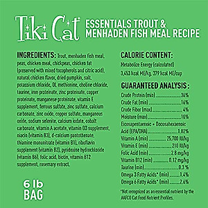 Tiki Cat Essentials High Protein, Complete and Balanced Dry Food for Cats and Kittens, Trout and Menhaden Fish Meal Recipe 6 lbs.