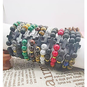 WAINIS 12 Pcs 8MM Beads Bracelet for Men Women Lava Rock Tiger Eye Stone Howlite Stone Stretch Elastic Bracelet Set