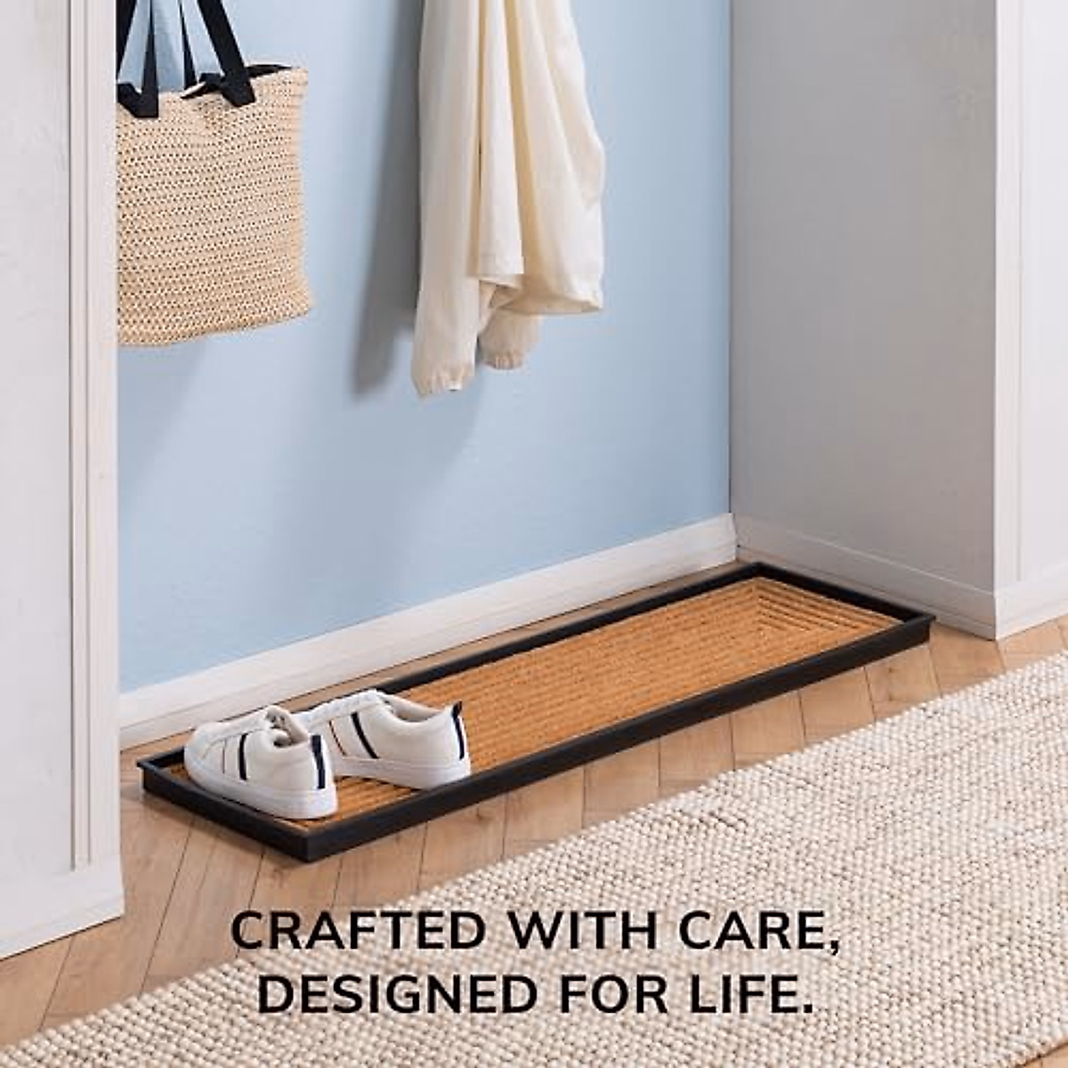 Anji Mountain AMB0BT4F-018 Black Rubber Boot/Shoe Tray with Coir, Fits 4 Pair (46.5" Wide), Rectangle Embossed Insert