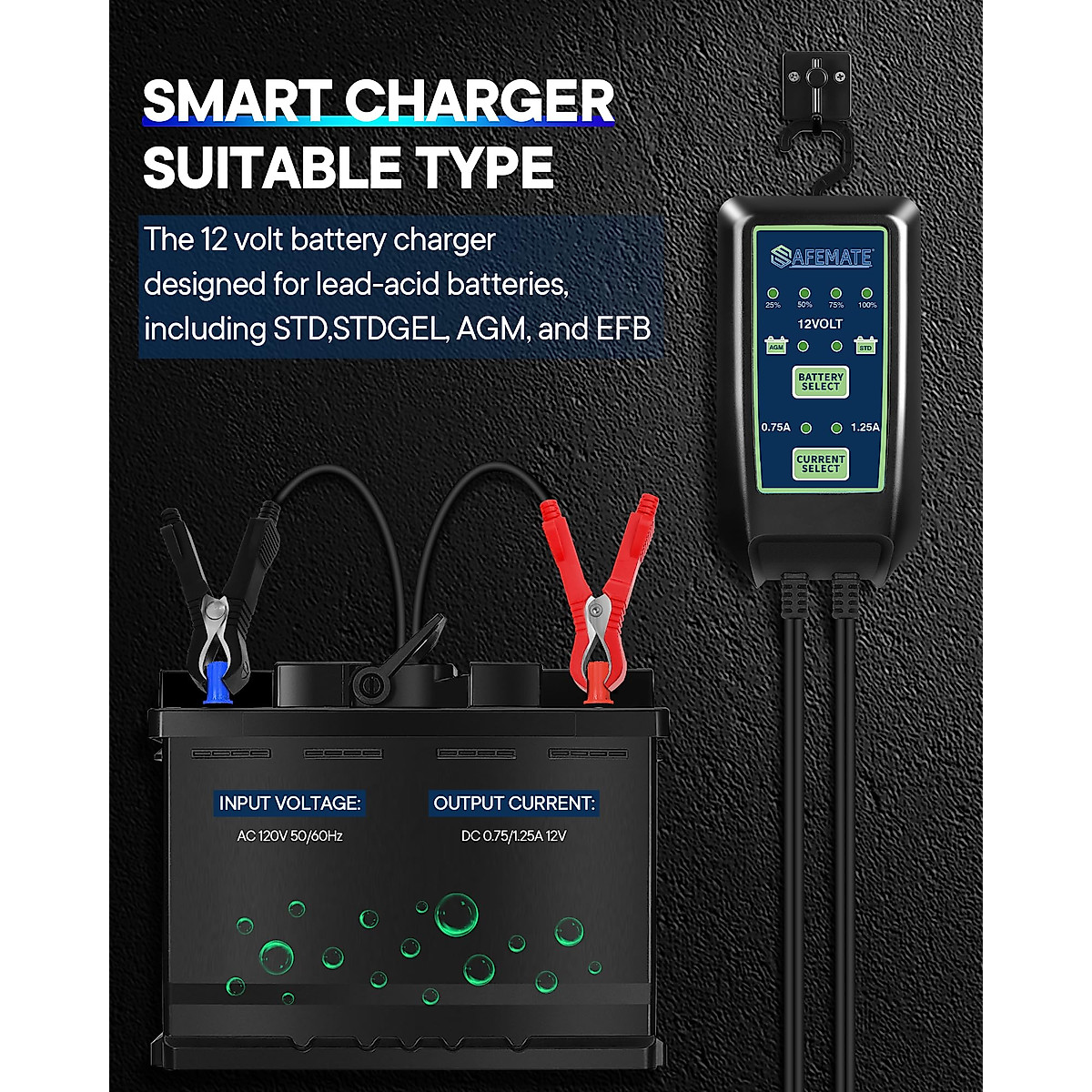 SAFEMATE 12V Battery Charger, 0.75A/1.25A Full Automatic Trickle Charger, Battery Maintainer, and Battery Desulfator, for Car, Motorcycle, Lawn Mower Lead Acid Batteries