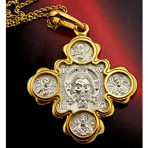 Image of the Christ The Savior Russian Neck Cross Pendant Kazan Icon of the Mother of God With Main Saints Healers - 2 Sided, Silver Gold Plate 1 1/4 Inch