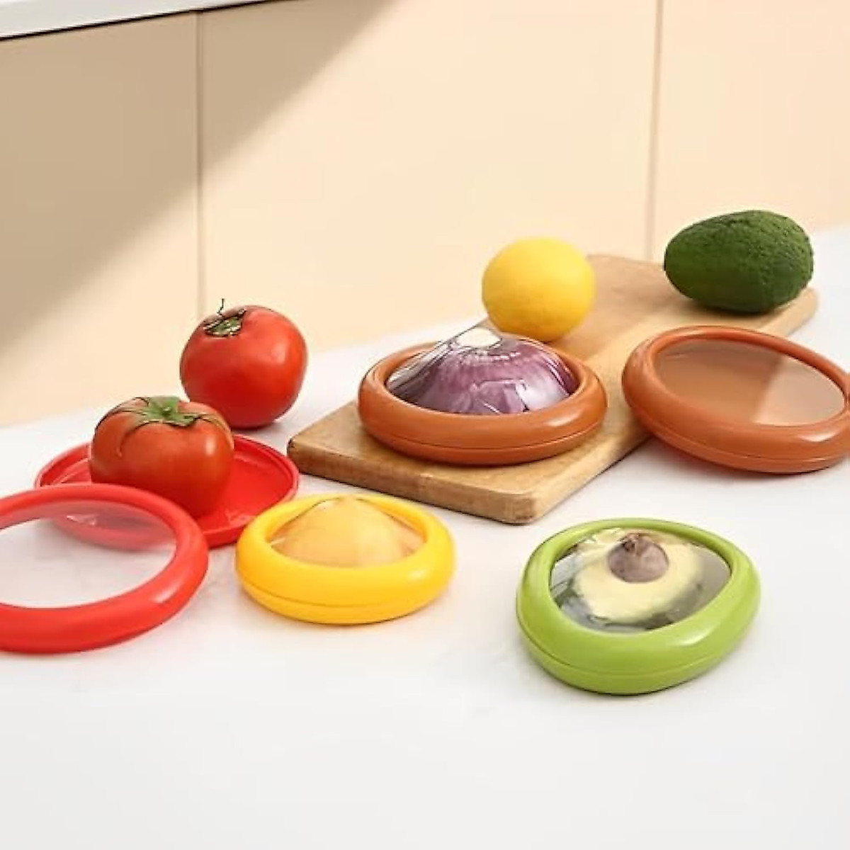 MONEBI 2024 New Silicone Fruit Storage Box,Fruit and Vegetable Anti-Oxidation Storage Box, Silicone Fruit Storage Containers For Fridge, Reusable Food Saver for Avocado Tomato Onion Lemon (4pcs)