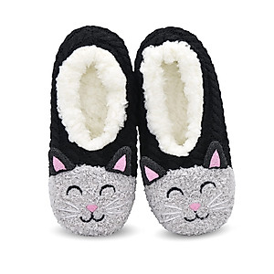 DICUIRD Womens Cozy&Warm Animal Slipper Socks with Grippers-House Socks(Black Cat, 8-10)