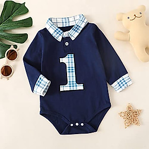 GRNSHTS Baby Boy First Birthday Clothes Plaid Stand Collar Long Sleeve Romper Jumpsuit Cake Smash Outfit (Navy Blue 4, 15 Months)