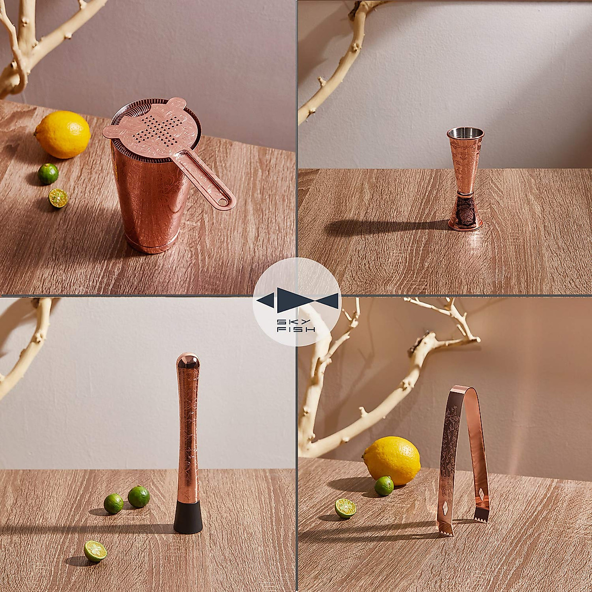 SKY FISH Bartender Kit Cocktail Shaker Set-6 Pieces Stainless Steel Copper Plated Etching Bar Tools with Boston Shaker Tins,Mixing Spoon,Mojito Muddler,Jigger,Hawthorne Strainer,Ice Tongs