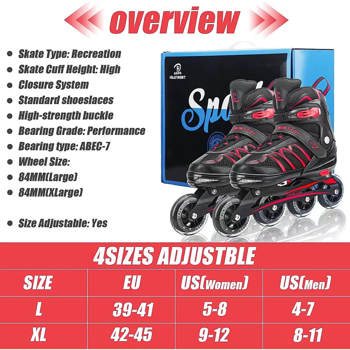 Huatinent Adjustable Inline Skates for Women and Men, Men Roller Skates for Adult Female Male with Brake, Patines para Mujer for Youth Teens Boys and Girls