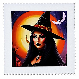 3dRose Gorgeous Witch Woman. Large Moon, Bats in The air. Halloween... - Quilt Squares (qs-378859-2)
