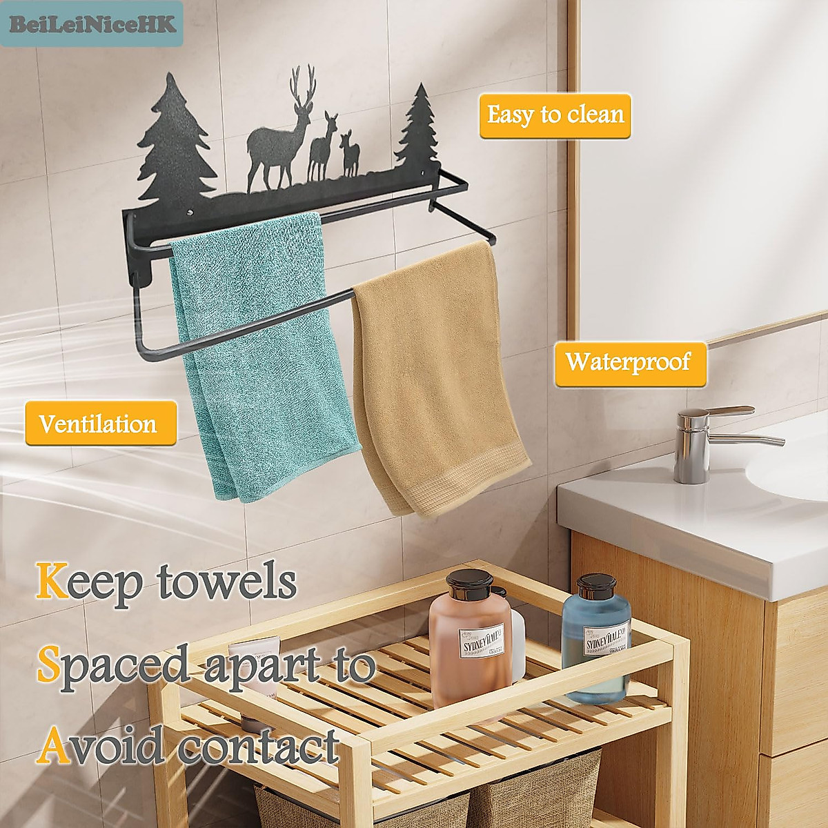 Towel Racks for Bathroom,Matte Black Bathroom Towel Holder Wall Mounted,Rustic Kitchen Dish Towel Hanger with Double Towel Bar,with Nails and Self Adhesive