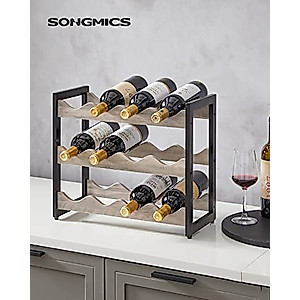 SONGMICS Wine Rack, 3 Tier Tabletop Wine Water Bottle Organizer Storage, Large Capacity Holds 12 Bottles, Bamboo Countertop Wine Holder Shelf for Kitchen Bar Cabinets Pantry, Greige and Black