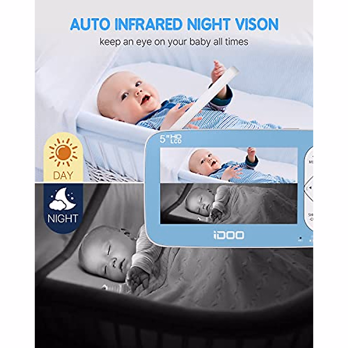 iDOO Baby Monitor, Baby Monitor with Camera and Audio 720P, Baby Monitor no WiFi with Night Vision, 5" HD Display, Remote Pan-Tilt-Zoom, 900 ft Long Range, Two-Way Talk, Room Temperature, Lullabies