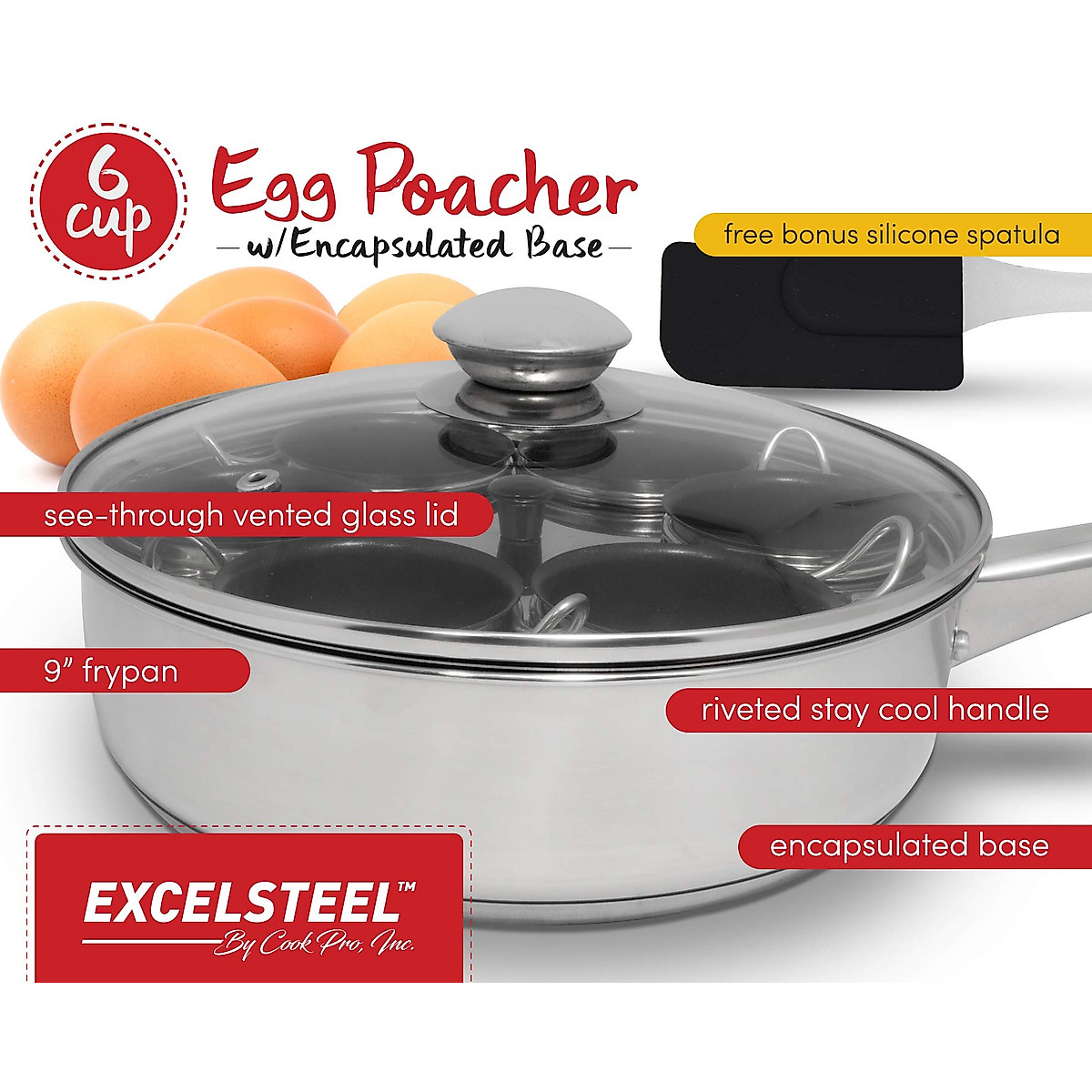 EXCELSTEEL Non Stick Easy Use Rust Resistant Home Kitchen Breakfast Brunch Induction Cooktop Egg Poacher, 6 Cup, Stainless Steel, Round