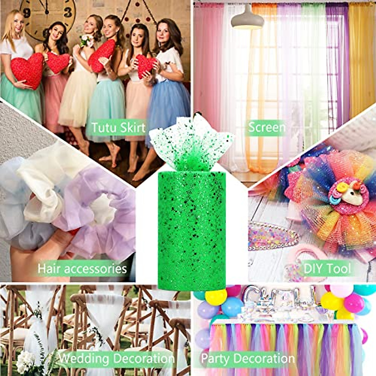 Glitter Tulle Rolls, 6” by 50 Yards (150FT) Sparkling Tulle Spool Ribbon Sequin Tulle Netting Fabric for Tutu Skirt Wedding Birthday Baby Shower (Green)