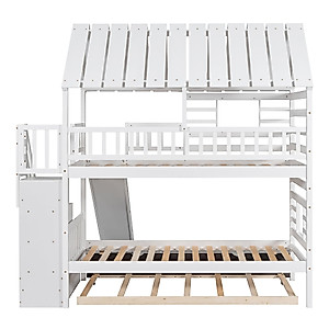 MERITLINE House Bunk Beds Twin Over Twin with Slide, Twin Bunk Bed with Storage Stairs and Trundle, Wood Kids Bunk Bed with Roof and Window Design for Girls, Boys,White