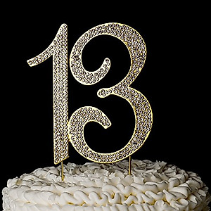 Ella Celebration 13 Cake Topper for 13th Birthday Party, Gold Rhinestone Metal Number Decoration (Gold)
