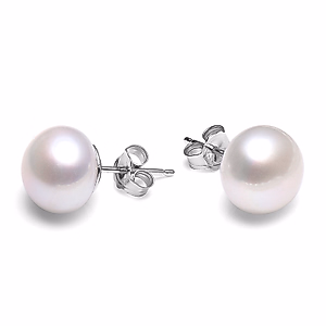 Pearl Earrings 10-11mm Button Freshwater Cultured Pearls 925 Sterling Silver Stud Earrings- VIKI LYNN