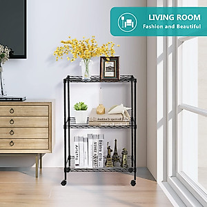 Doredo 3 Tier Adjustable Wire Shelf with Wheels, 3 Tier Mobile Metal Storage Shelves, Black Wire Rack Shelving Unit, 200Lbs Capacity, 10" D X 20" W X 28" H, for Kitchen, Pantry, Laundry