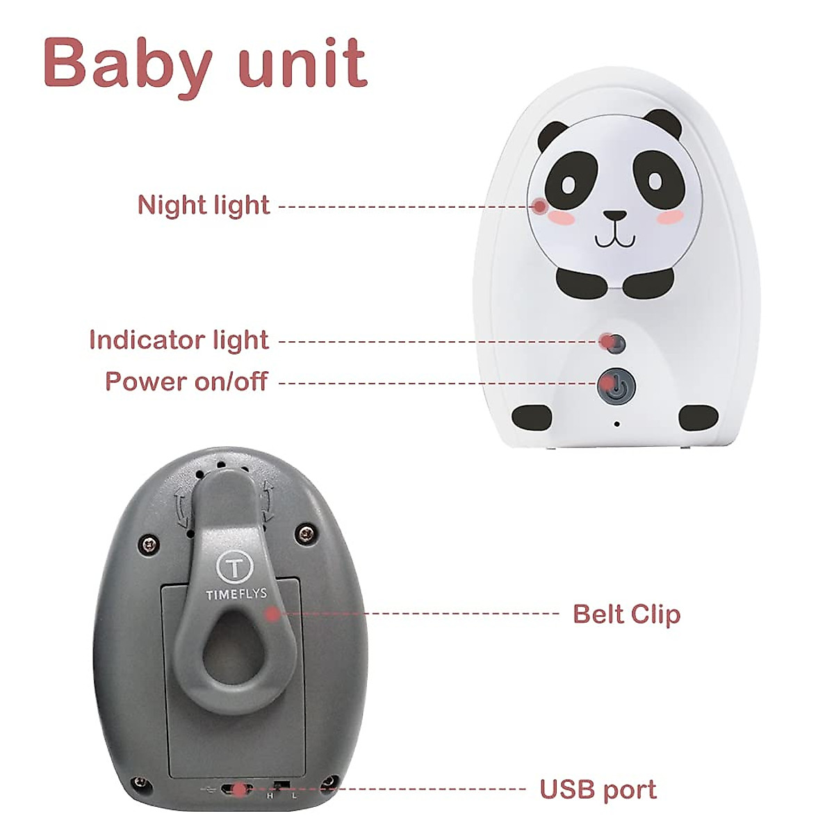 TimeFlys Audio Baby Monitor Digital Focus Panda Baby Monitor Two Way Talk Rechargeable Battery 1000 Feet Long Range USB Connection Paging Night Light Cute