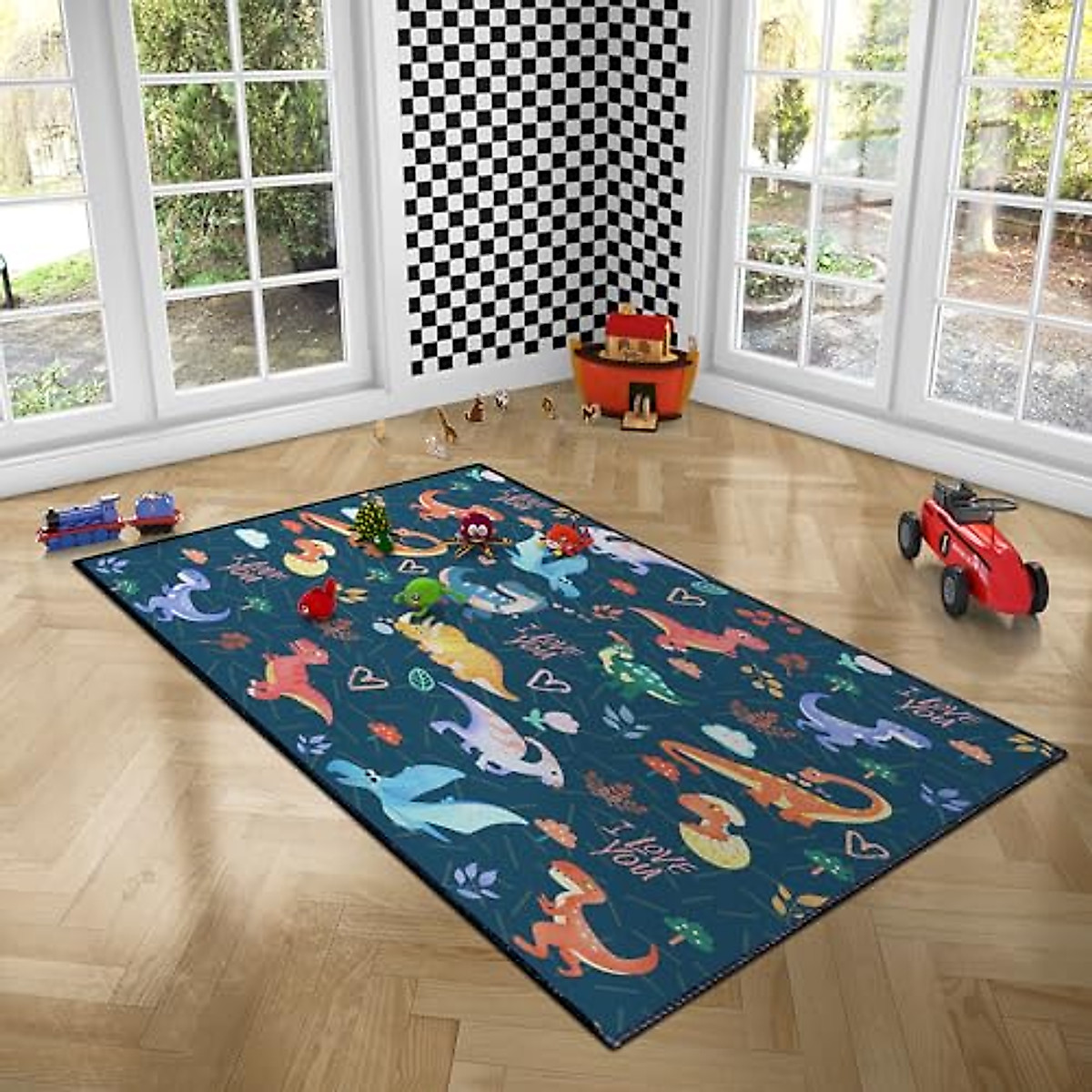 Reihanosk Dinosaur Area Rugs for Kids Room Boys Girls, 3'×5' Cartoon Carpet Bedroom Home Decor Large Play Mat, Non Slip Crystal Polyester Dinosaur Mat for Playroom Classroom Kidroom, 59"*39"