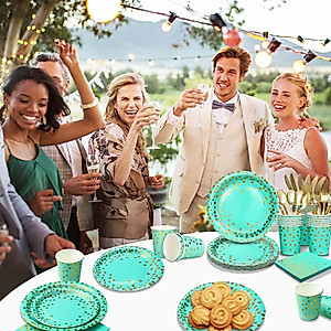 Gudvilla 168PCS Teal Party Plates and Cups and Napkins sets,Teal Paper Plates Bulk with Gold Cutlery Serve 24 Guests,Teal Party Supplies Bridal Shower Birthday for Teal and Gold Wedding Decorations