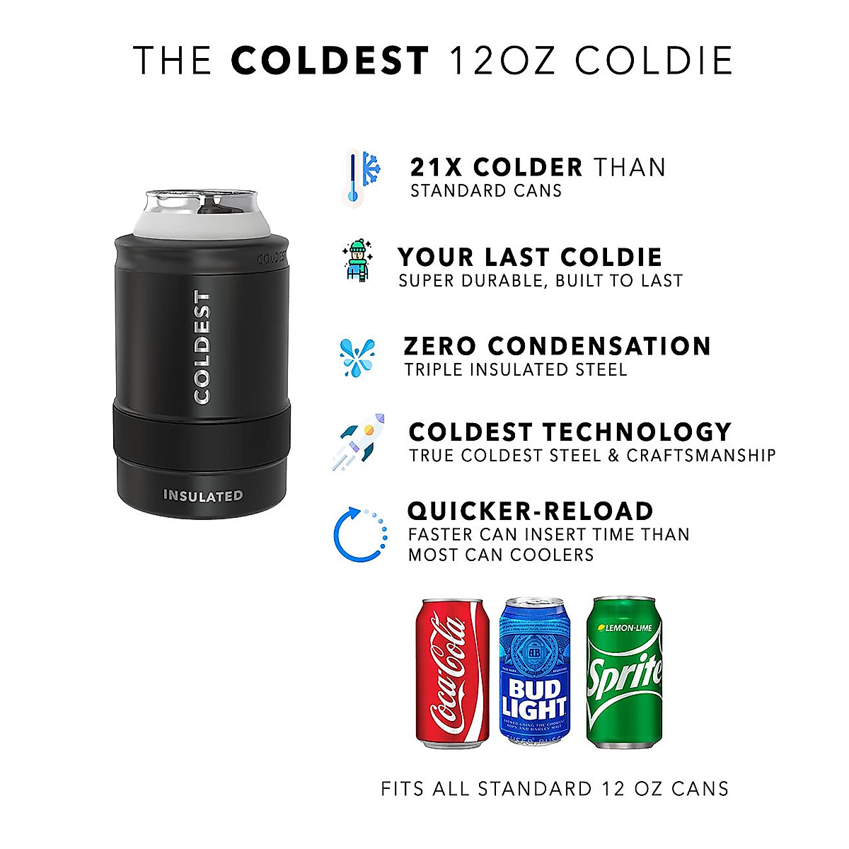 COLDEST Standard Can Cooler for Beer, Soda, Sparkling Water | Vacuum Insulated Stainless Steel Drink Sleeve Holder for 12 oz Regular Cans