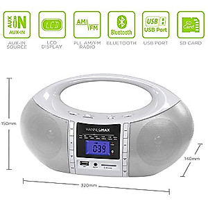 HANNLOMAX HX-506R Portable AM/FM Radio, Bluetooth, USB/SD Slot for MP3 Playback, Aux-in, AC/DC Dual Power Source (White)
