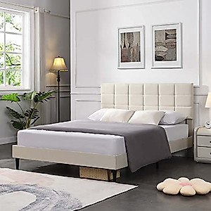 MWrouqfur Full Size Platform Bed Frame with Fabric Upholstered Headboard and Wooden Slats, No Box Spring Needed/Easy Assembly, Beige