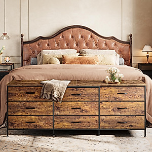 Huuger 9 Drawer Dresser, 63 Inch Dresser TV Stand for 55, 65, 70 Inch TV, Entertainment Center with Drawers, Large Long Fabric Dresser for Bedroom, Closet, Rustic Brown