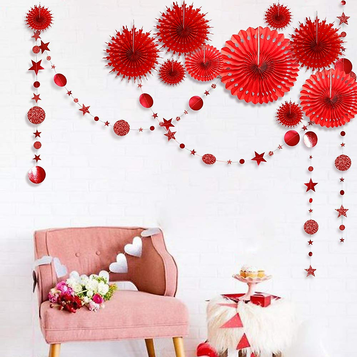 Red Party Decorations Chinese New Year Tissue Pompom Paper Fan Decor Birthday Party Garland Glitter Circle Dots Garland Steamer Banner Backdrop for Girls Wedding Valentines Day