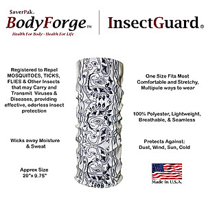 $averPak BodyForge & InsectGuard - Permethrin Treated Mosquitoes, Flies, Ticks & More Insect Repellent Tube Bandanna Neck Gaiter Headband (White Paisley)