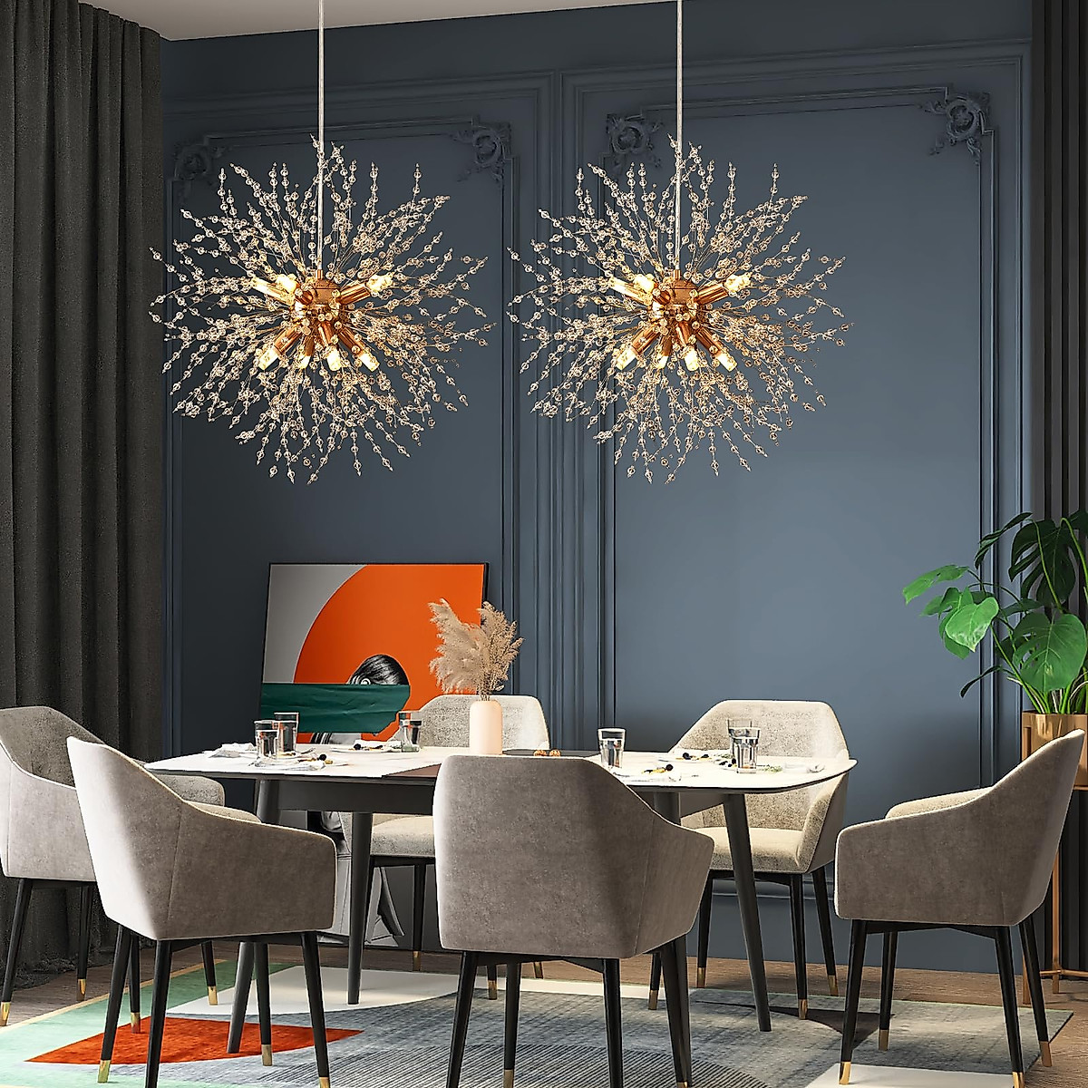 HOXIYA Modern Crystal Chandeliers Firework, Plug in Dandelion Chandelier, Gold Sputnik Pendant Light for Bedroom Foyer Hallway Entryway Kitchen, 8 Light Firework Dandelion Chandelier, G9 Socket