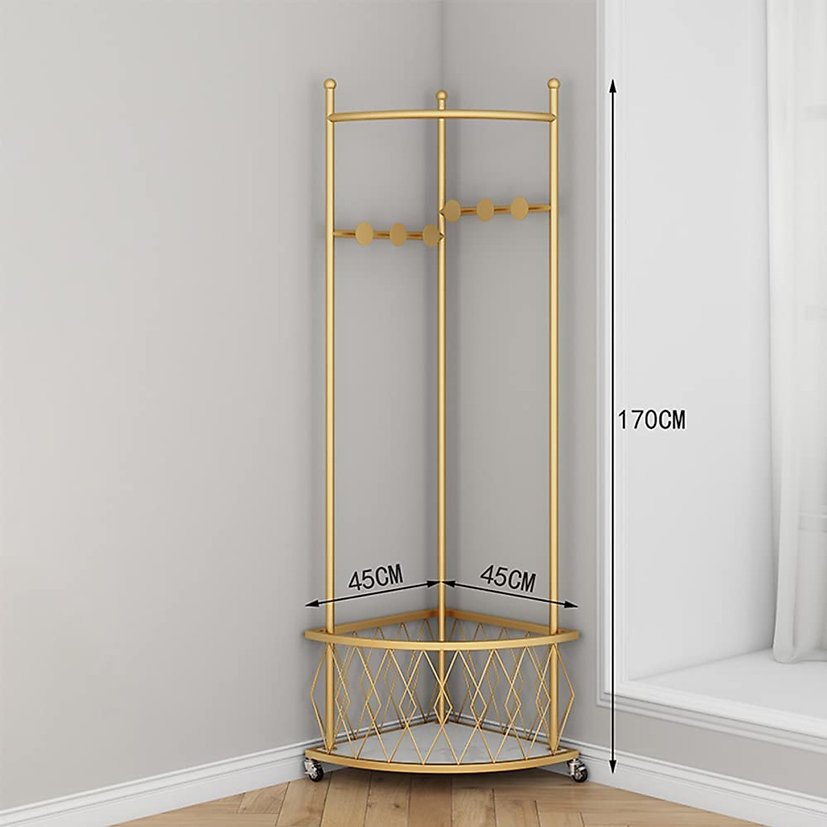FLRH Metal Corner Coat Rack, Corner Hall Tree with Storage Basket, Freestanding Clothes Rack Organizer for Entryway, Living Room, Bedroom, Home, Office (Gold)