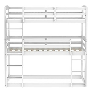 RUNWON Twin Over Twin Triple Bunk Bed with Safety Guardrail and Ladder for Kids Teens, No Box Spring Needed