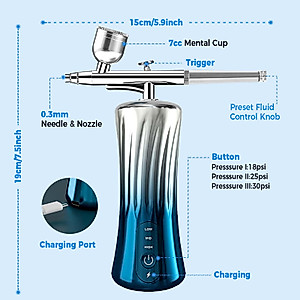 Airbrush Kit with Compressor, Portable Handheld Cordless Airbrush Gun with 0.3mm & 0.5mm Nozzle, Cordless Air Brush for Nails Art, Painting, Cake Decor, Cookie, Model, Makeup, Barber