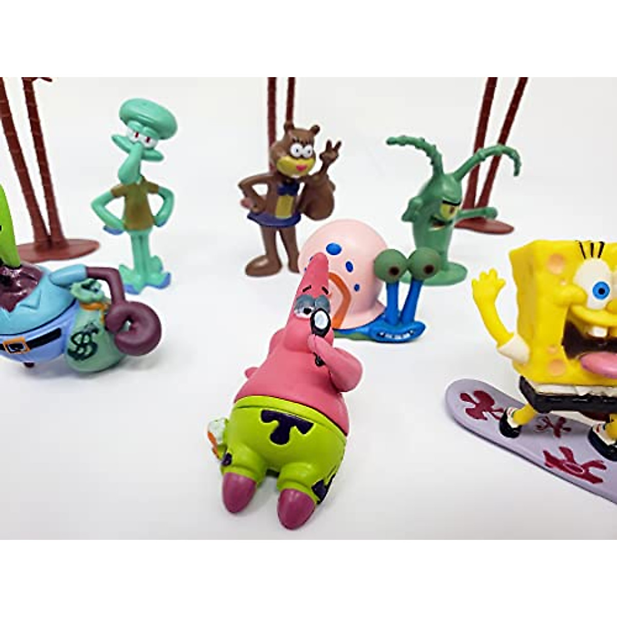 Birthday Celebrations Spongebob Squarepants 2" Figure Play Set of 14 Featuring Squidward, Sandy Cheeks, Patrick Star, Mr. Krabs, Plankten with Palm Trees, Treasure Chest and More (Unique Design)