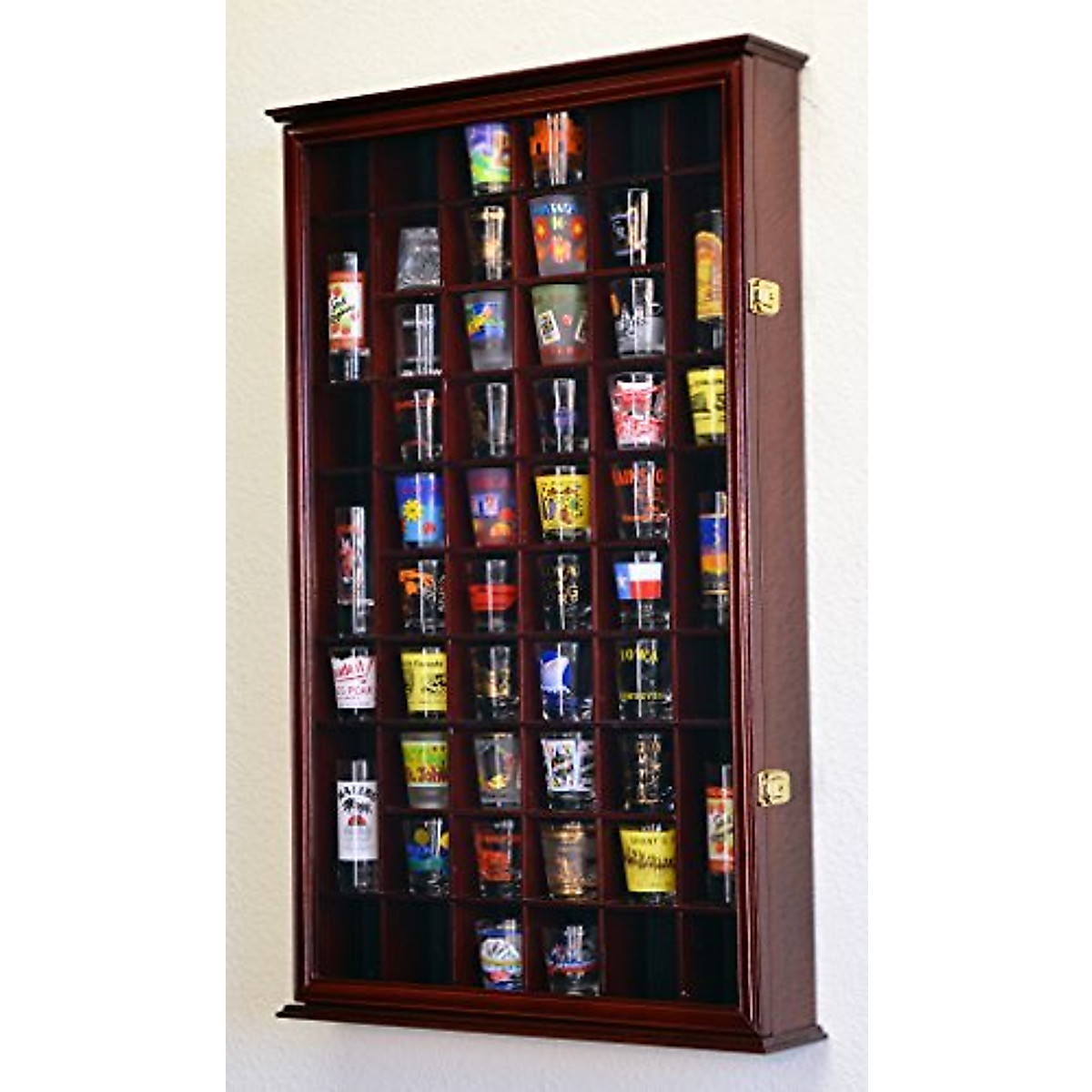 54 Shot Glass Shooter Display Case Holder Cabinet Wall Rack w/UV Protection -Cherry