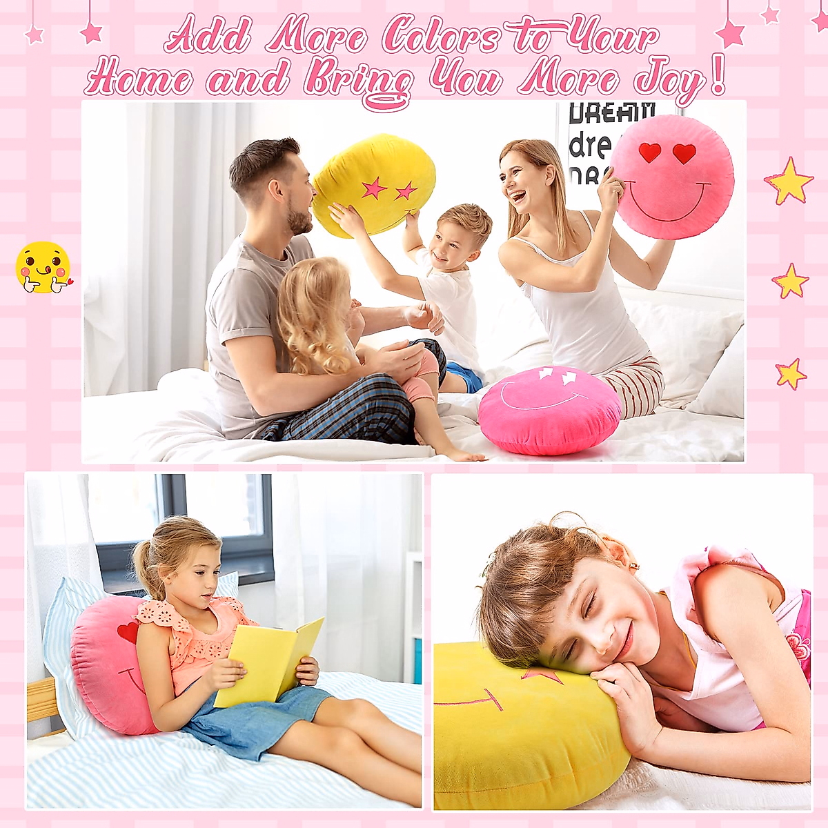 3 Pcs 16 Inch Face Emoticon Cushion Stuffed Plush Pillow, 3D Round Throw Pillows with Embroidery Pattern Cute Round Floor Cushion Decorative Plush Throw Pillows for Car, Bed, Couch, Sofa, Office Home