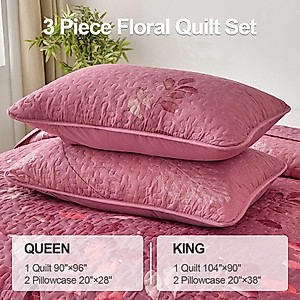 WONGS BEDDING Red Floral Quilt Set King Size,3 Pieces Botancal Leaves Bedspread Coverlet Set with 2 Pillowcases for All Season, Soft Microfiber Floral Bedding Set 104"×90"