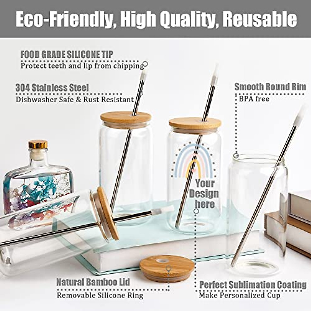 WindMage 12 packs 16 oz Clear Sublimation Glass Cans Blanks with Bamboo Lid, Stainless Straw, Brush, Silicone Tip, Reusable Drinking Beer Cans Iced Coffee Glasses Jar Tumbler Cups