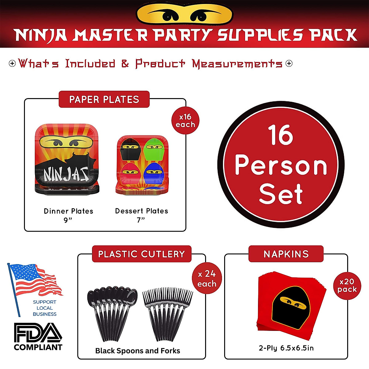 Blue Orchards Ninja Master Party Supplies Packs (100 Pieces for 16 Guests) - Ninja Birthday Party, Ninja Party Supplies, Ninja Plates and Napkins, Ninja Themed Birthday, Spy Theme Party