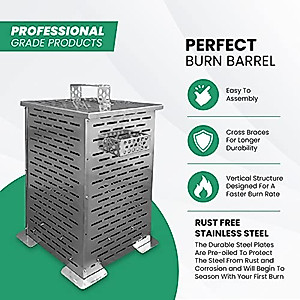 Professional Grade Products Burn Box, 35 Inch 67 Gallon Heavy Gauge Stainless Steel Burn Barrel Yard Waste Incinerator Cage with Lid for Paper Leaf Trash Wood and Backyard Bonfires
