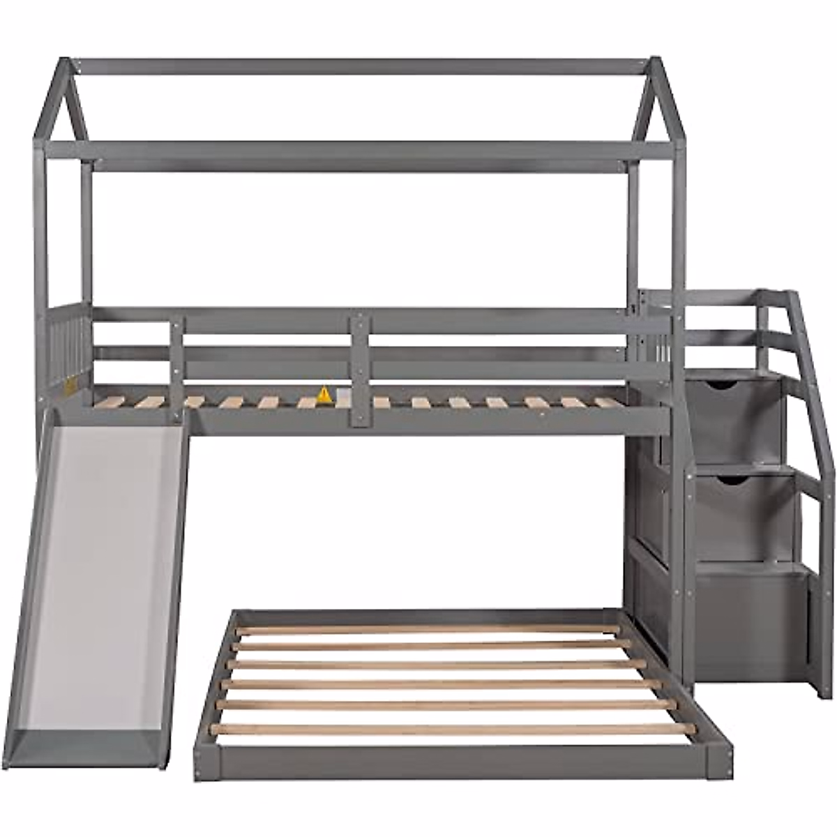 DNYN Stairway Twin Over Full Bunk Bed with Slide and Storage Staircase for Kids Bedroom,House Shaped Wooden Bedframe w/Full-Length Guardrails,No Box Spring Needed, Gray