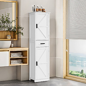 WEENFON Tall Bathroom Cabinet, Storage Cabinet with 6 Shelves & Drawer, Bathroom Storage Cabinet with Ajustable Shelves, Tall Cabinet for Living Room, Home Office, White