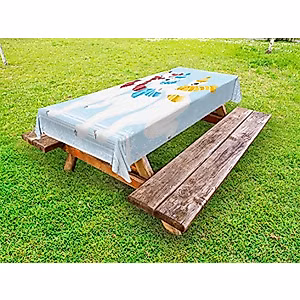 Ambesonne Bear Outdoor Tablecloth, Christmas Time at North Pole Theme 3 Funny Characters with Scarves and Trumpet, Decorative Washable Picnic Table Cloth, 58" X 120", Multicolor