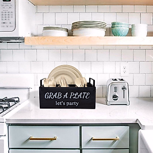 Paper Plate Holder, Utensil Caddy Organizer, Wood Paper Plate Dispenser, Silverware Caddy Holder, and Disposable Coffee Bar Accessories Box for Kitchen Counter, Party, Camping, Picnic (4 Compartment)