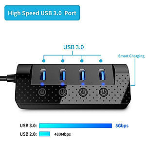 Powered USB Hub 3.0, atolla USB Hub with 4 USB 3.0 Data Ports and 1 USB Smart Charging Port, USB Splitter with Individual Power Switches and 5V/3A Power Adapter