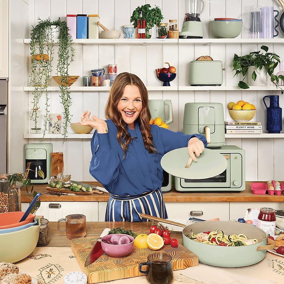 Beautiful 10 inch Ceramic Non-Stick Fry Pan, Sage Green by Drew Barrymore