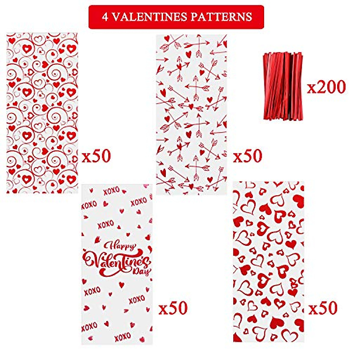 JOZON 200 Pieces Valentine's Day Cellophane Candy Bags with Twist Ties 4 Styles Valentines Day Cellophane Treat Bags Cello Candy Bags Cookie Bags Goodie Bags for Valentines Party Favor Supplies
