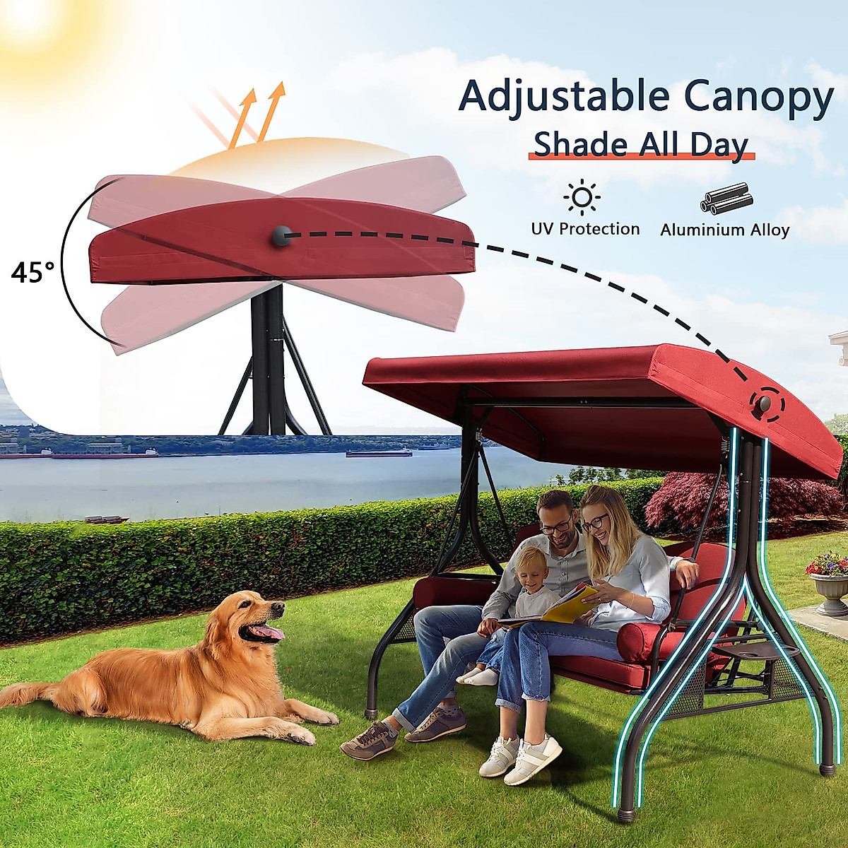 NOBLEMOOD Patio Porch Swing, 3-Seat Outdoor Swing with Adjustable Canopy, Waterproof Fabric Cushion, Pillow and Foldable Side Tray for Patio, Backyard, Porch Swing Bed for Spring